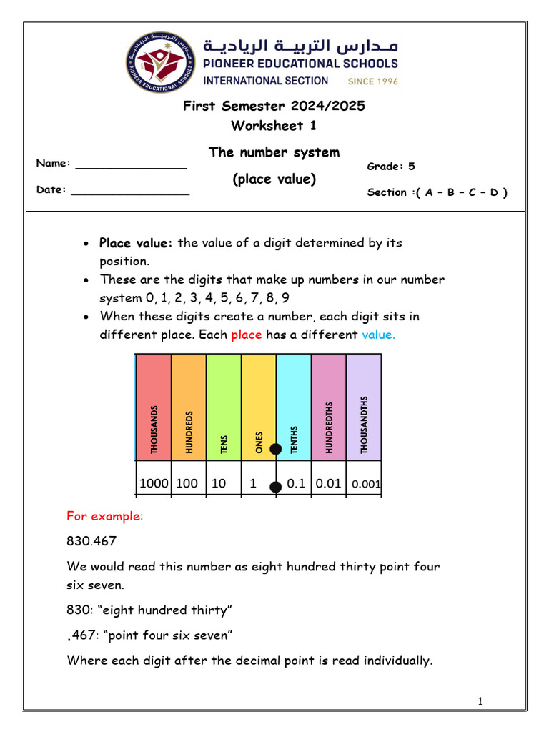 Place Value and Decimals Worksheet | PDF | Mathematical Notation | Signal Processing