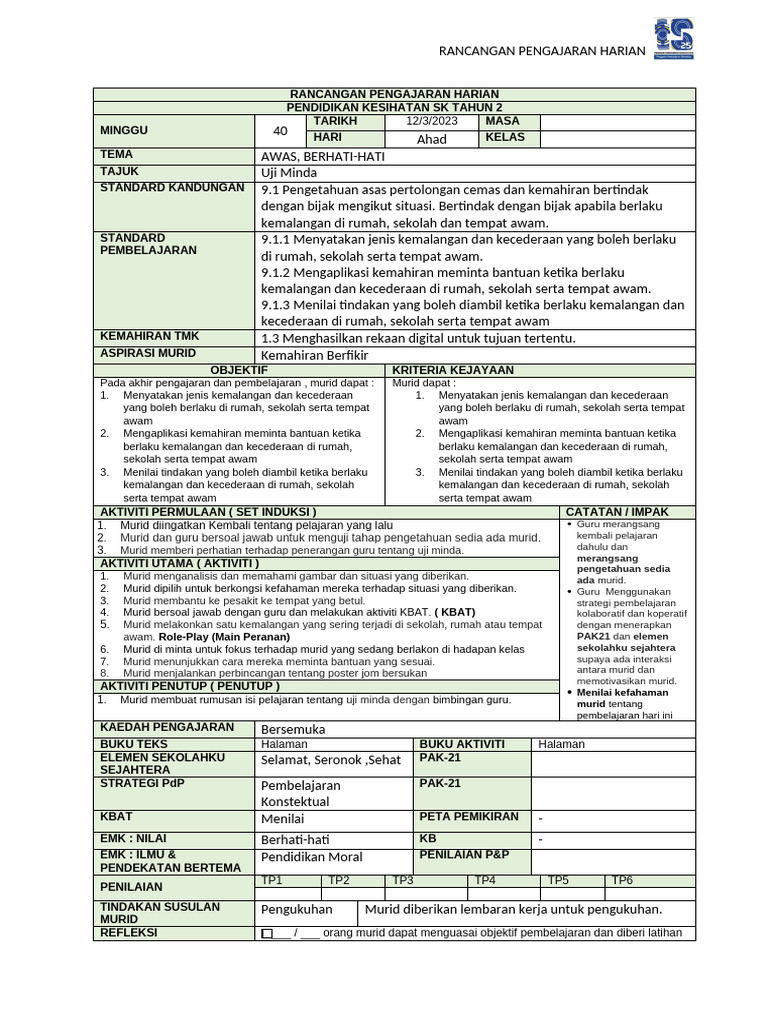 RPH Minggu 40 Pendidikan Kesihatan THN 2 2023 by Cikgu Gorgeous | PDF