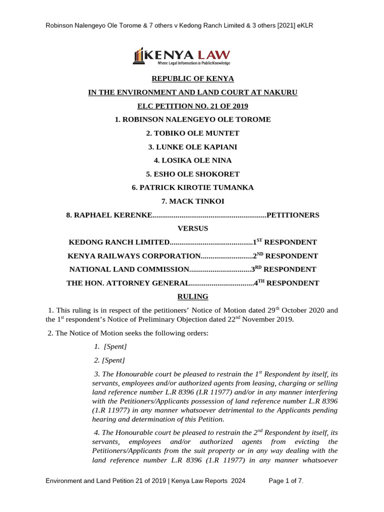 Robinson Nalengeyo Ole Torome & 7 Others V Kedong Ranch Limited & 3 Others (2021) EKLR | PDF ...