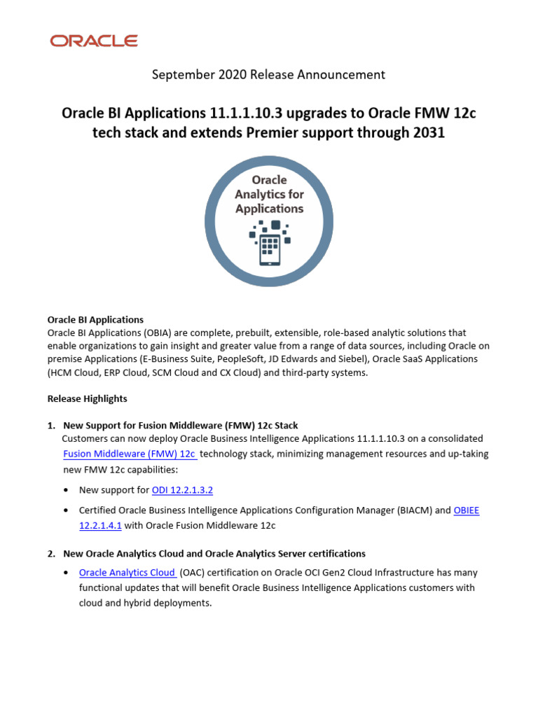 Oracle Bi Applications Release Announcement | PDF | Oracle Corporation | Cloud Computing
