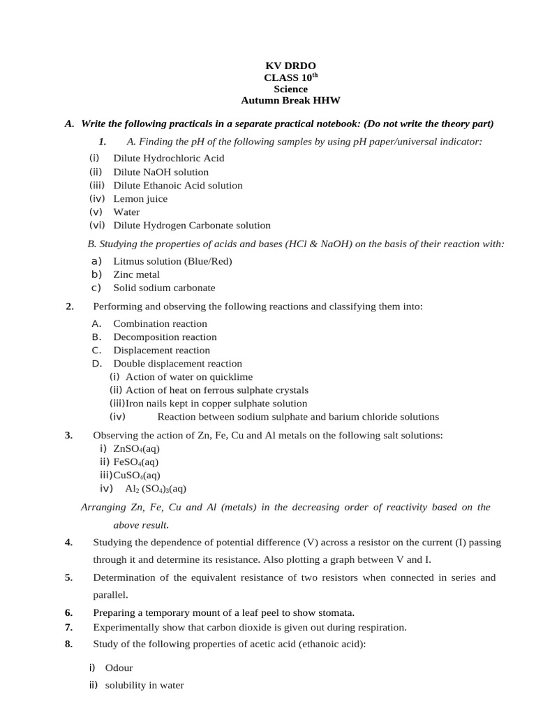 Class 10th HHW Autumn Break | PDF | Acid | Sodium Hydroxide