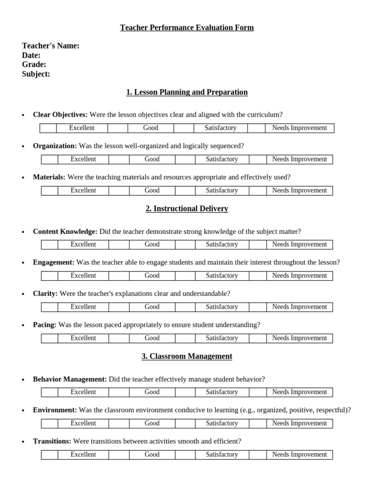 Teacher Performance Evaluation Form | PDF | Teachers | Educational ...