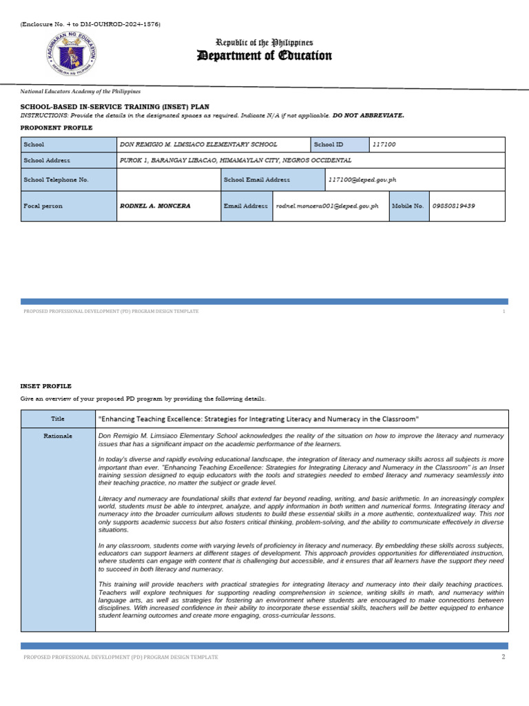 DRMLES Template-Enclosure No. 4 School-Based INSET Plan | PDF ...