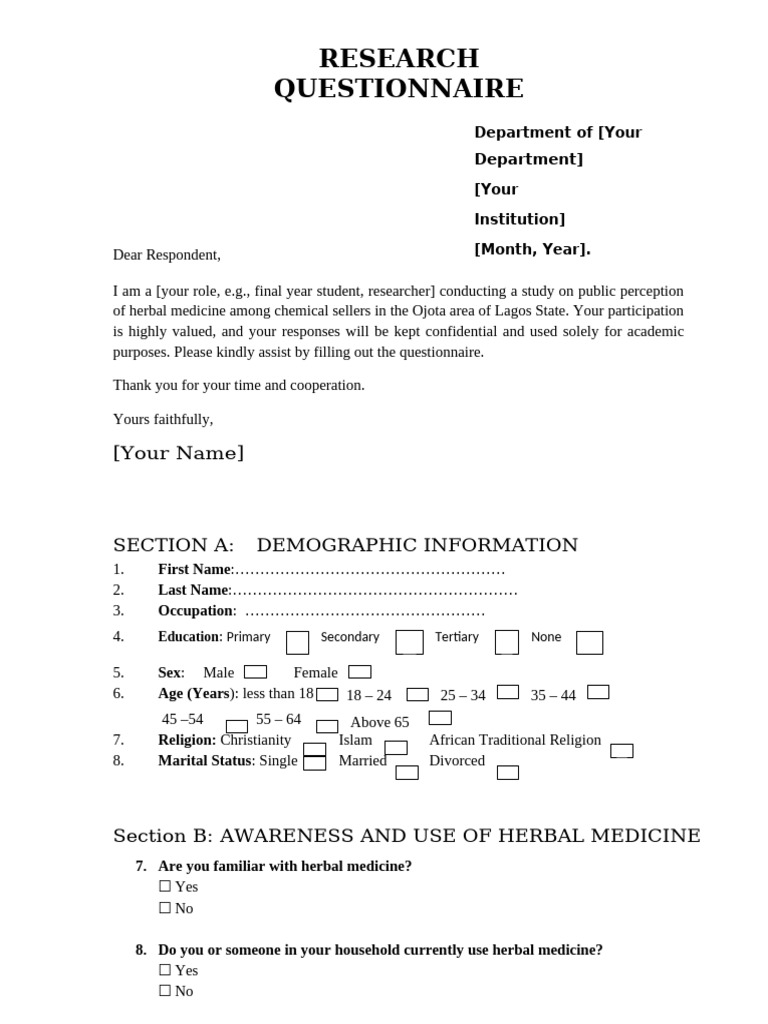 RESEARCH QUESTIONNAIRE | PDF | Alternative Medicine | Traditional Medicine