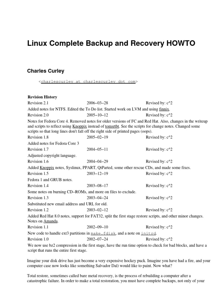 Linux Complete Backup and Recovery HOWTO | PDF | Booting | Computer File