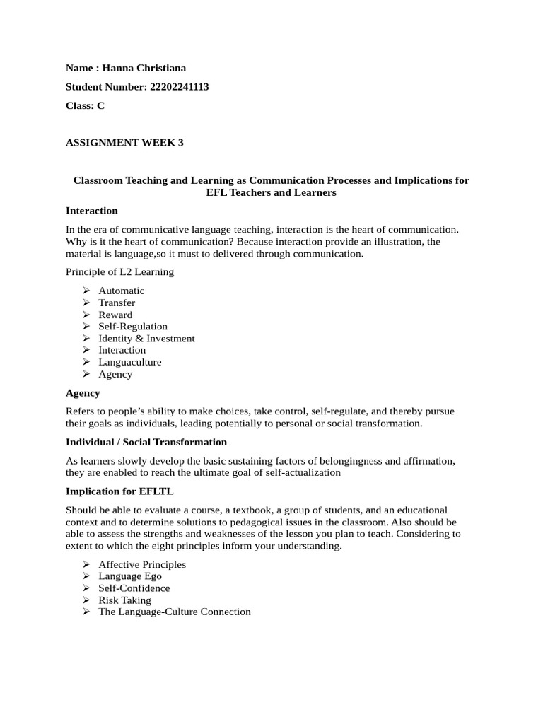 ASSIGNMENT WEEK 3 EIT - Hanna Christiana - 22202241113 | PDF | Learning | Teachers