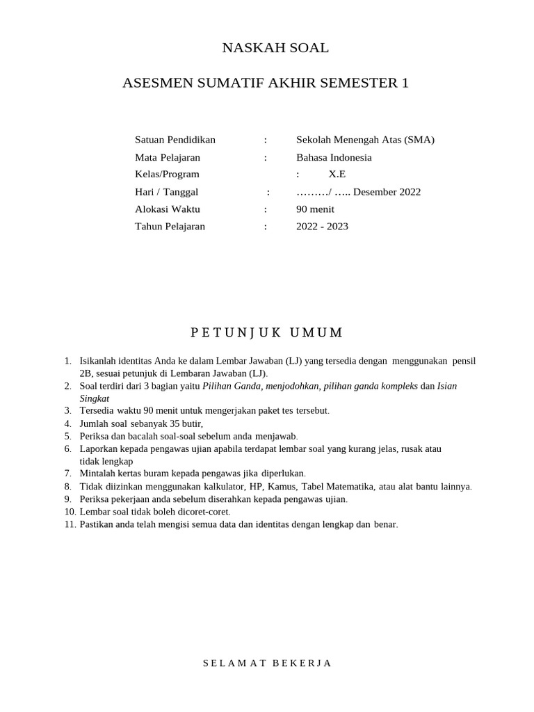 Format Soal Asesmen Sumatif Akhir Semester 1 X.E | PDF
