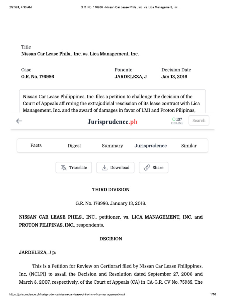 Nissan Car Lease Phils., Inc. vs. LICA MAnagement Inc. and Proton ...