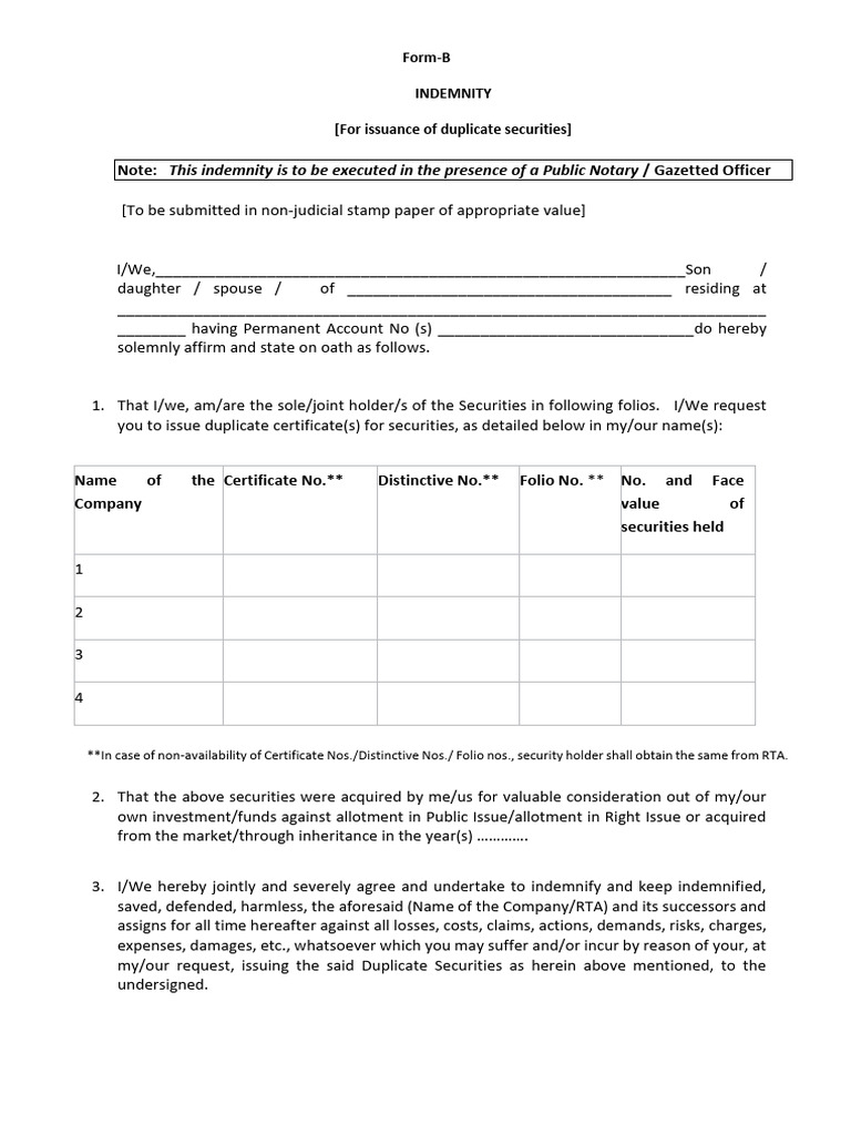 Form B Indemnity For Issuance of Duplicate Securities | PDF | Indemnity | Private Law