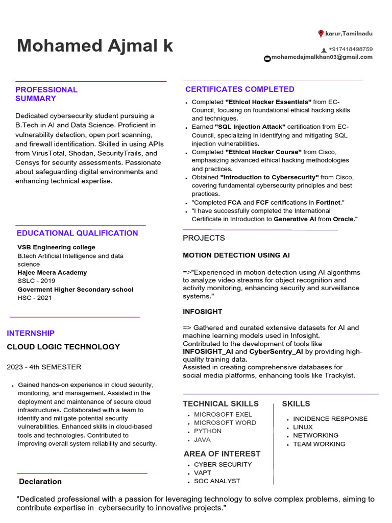 Cybersecurity Student with Ethical Hacking Skills | PDF | Computer ...