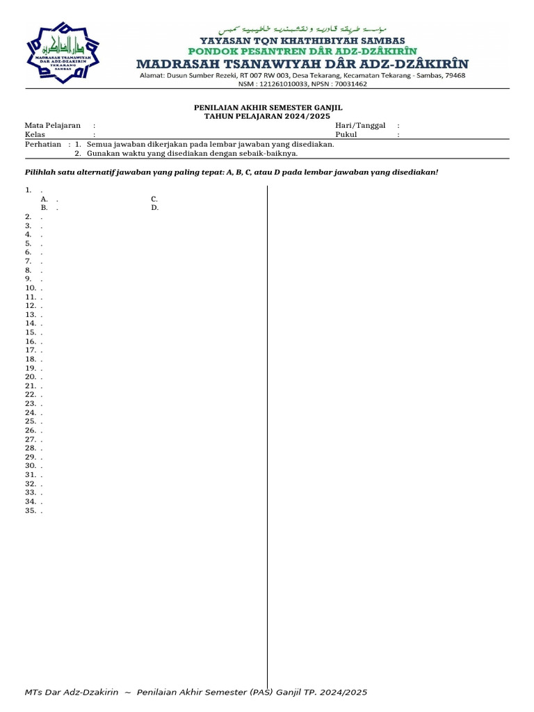 Template Soal PAS MTs | PDF