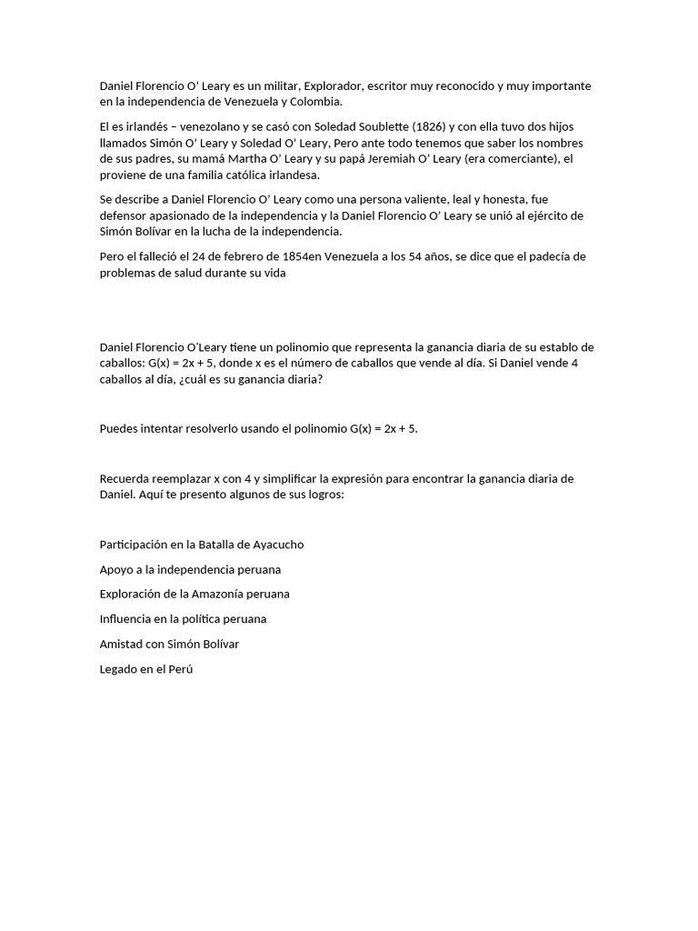 Daniel Florencio O'Leary: Héroe de la Independencia | PDF | Perú ...