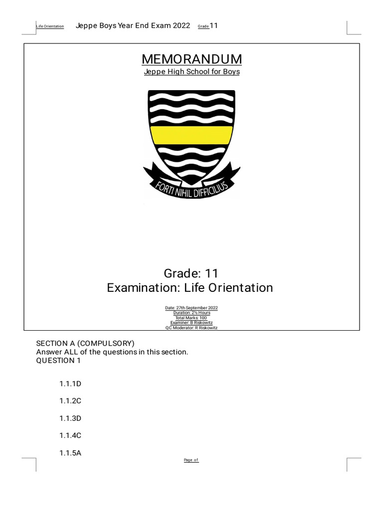 Jeppe Boys Grade 11 Life Orientation Exam 2022 | PDF | Psychological ...