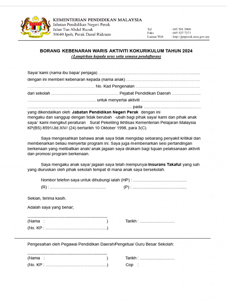 A. Borang Kebenaran Waris Aktiviti Kokurikulum | PDF