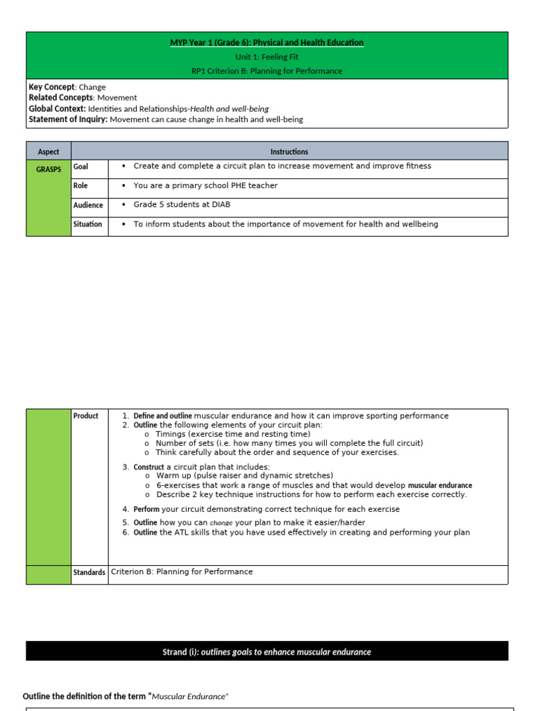 PHE Grade 6-Criteria B Summative Assessment | PDF | Definition | Endurance