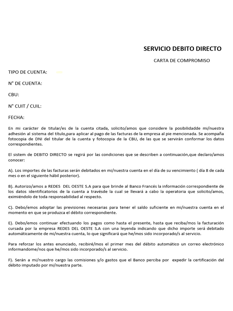 Carta Compromiso Debito Directo | PDF | Bancos | Tarjeta de débito