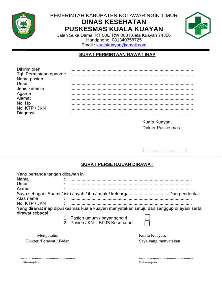 Surat Rawat Inap Puskesmas Kuala Kuayan | PDF
