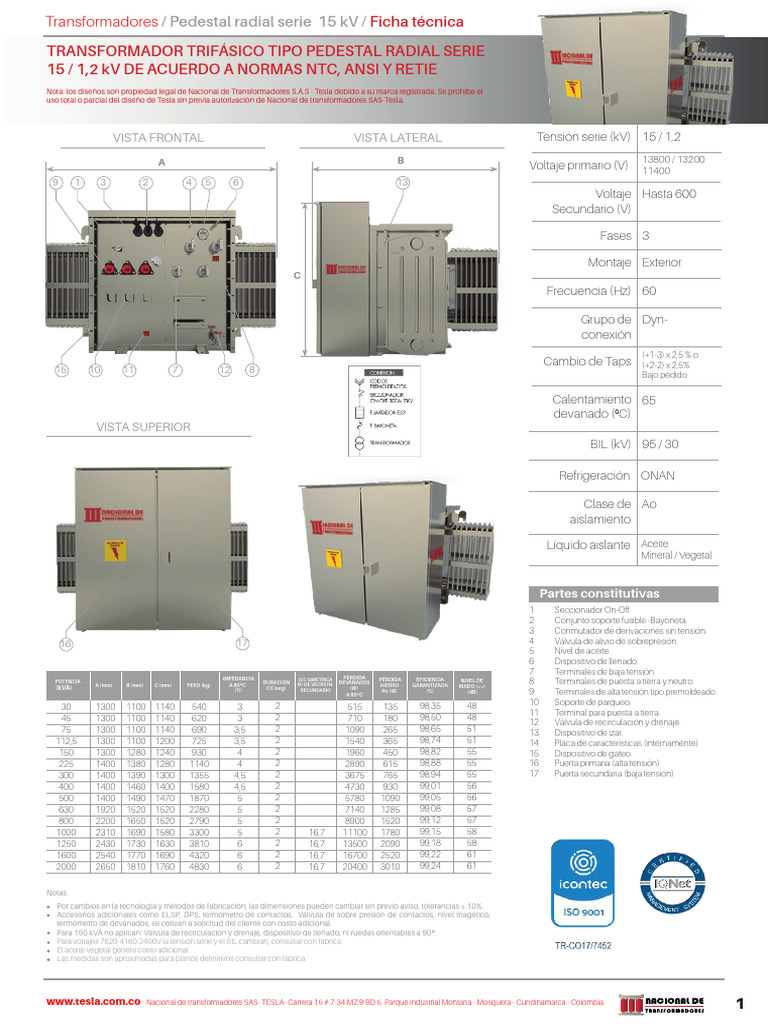Ficha Tecnica Trafo Pedestal 15kv 2022 | PDF | Transformador | Ingeniería de la Energía