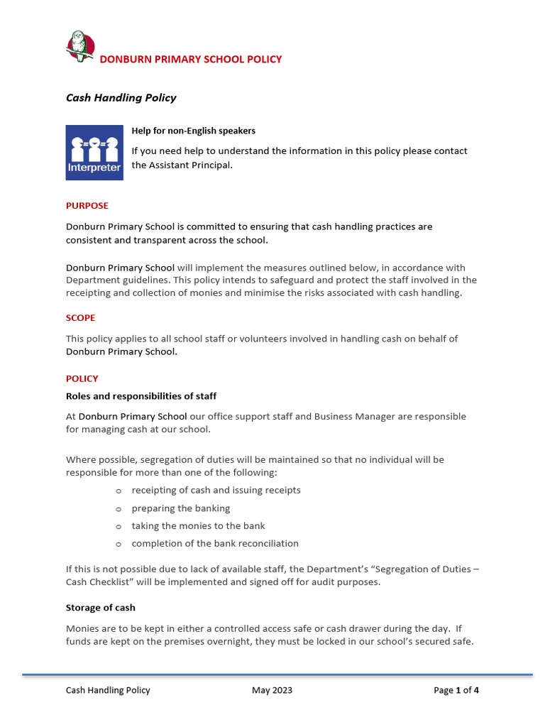 Finance Cash Handling Policy 2023 | PDF | Cheque | Receipt