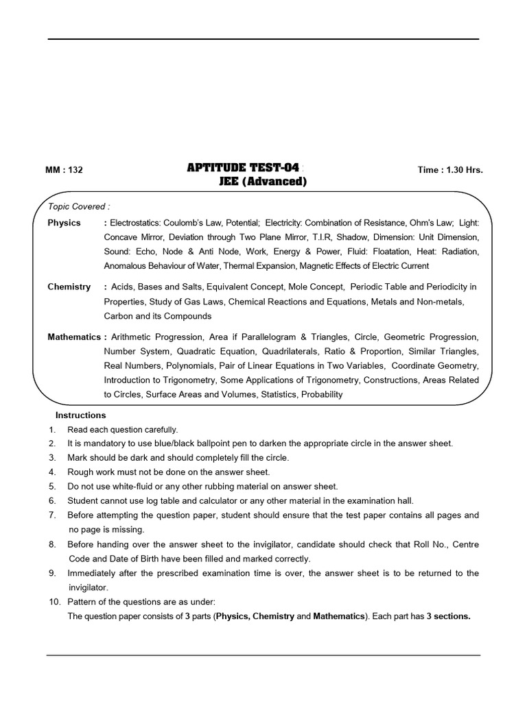 Test-1 For CoE - X To XI Moving Students - Engg | PDF | Mathematics