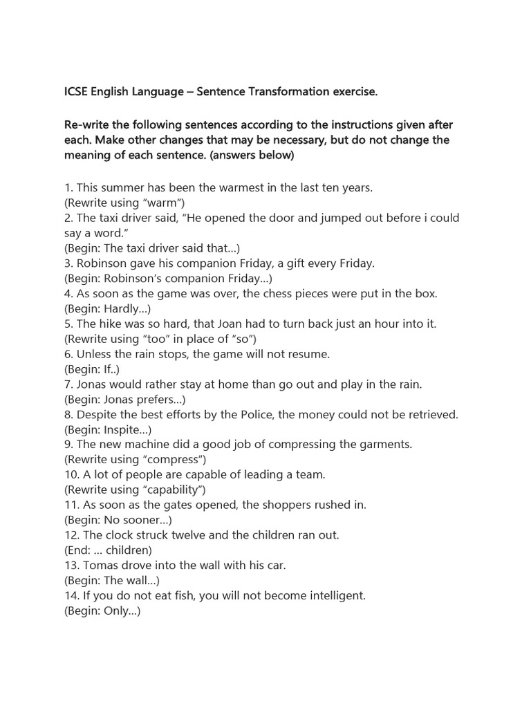 ICSE Sentence Transformation Exercises | PDF