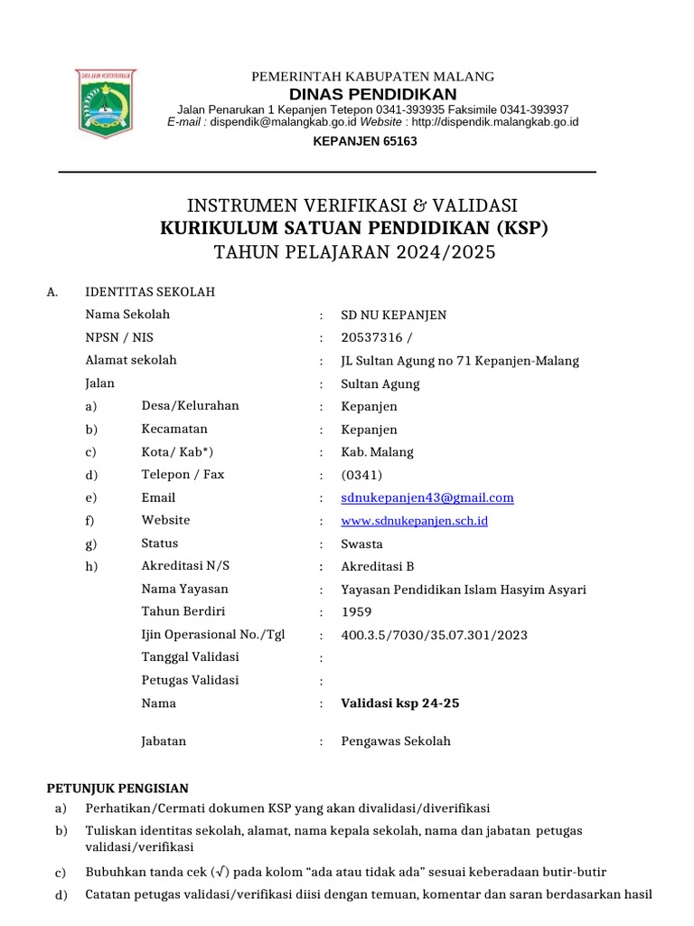 Validasi KSP 2024 2025 Word - Kab. Malang (Fix) | PDF