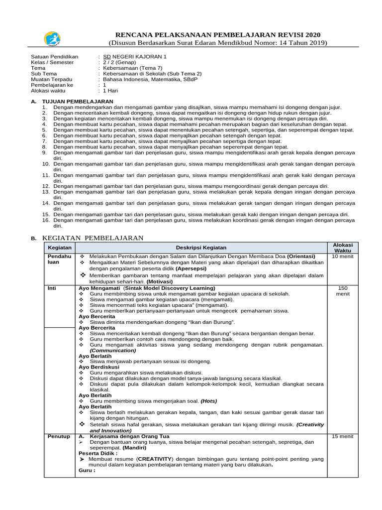 (Materiku86.blogspot - Com) RPP Kelas 2 Tema 7 Subtema 2 Pembelajaran 1 K13 Revisi 2020 | PDF ...