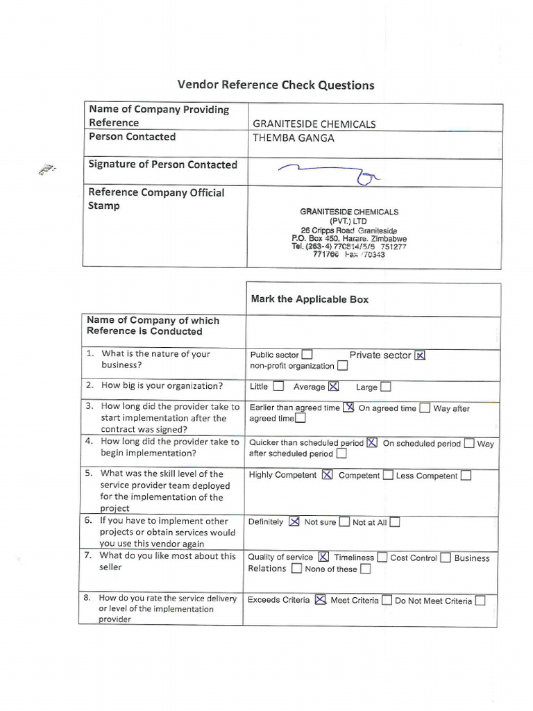 Vendor Reference Check Questions | PDF