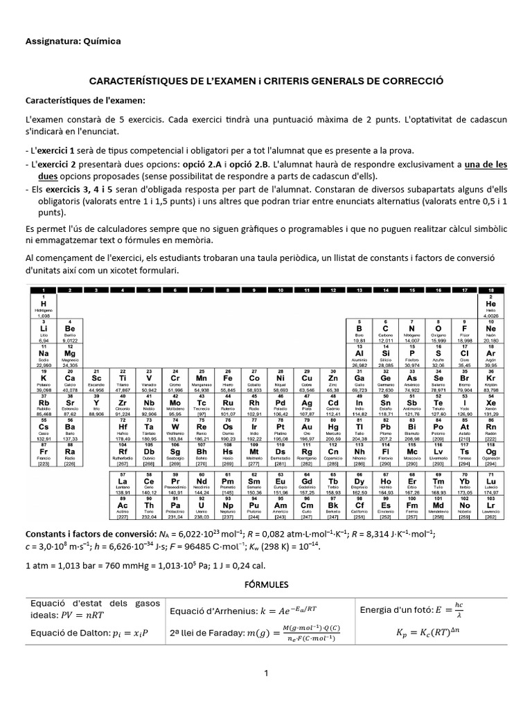 QUIM Modelo de Examen PAU 2025 | PDF