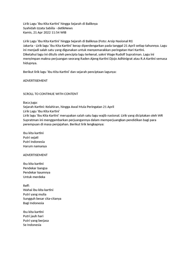 Lirik Lagu Ibu Kita Kartini | PDF