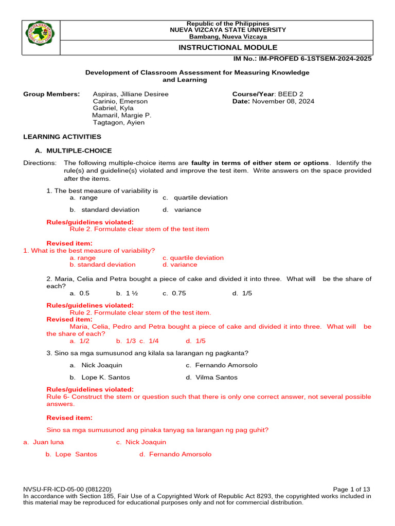 Module 3 Assessment of Learning 1 LEARNING ACTIVITIES A | PDF | Fair ...