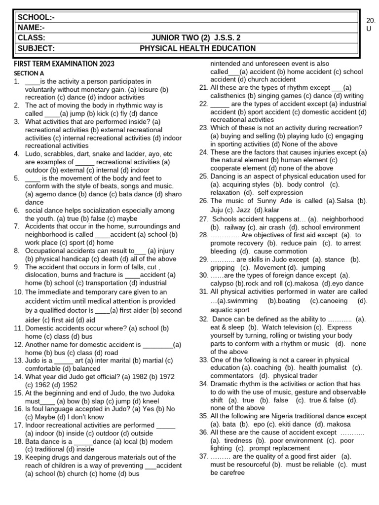 JSS2 PHE First Term Exam Questions | PDF | Recreation