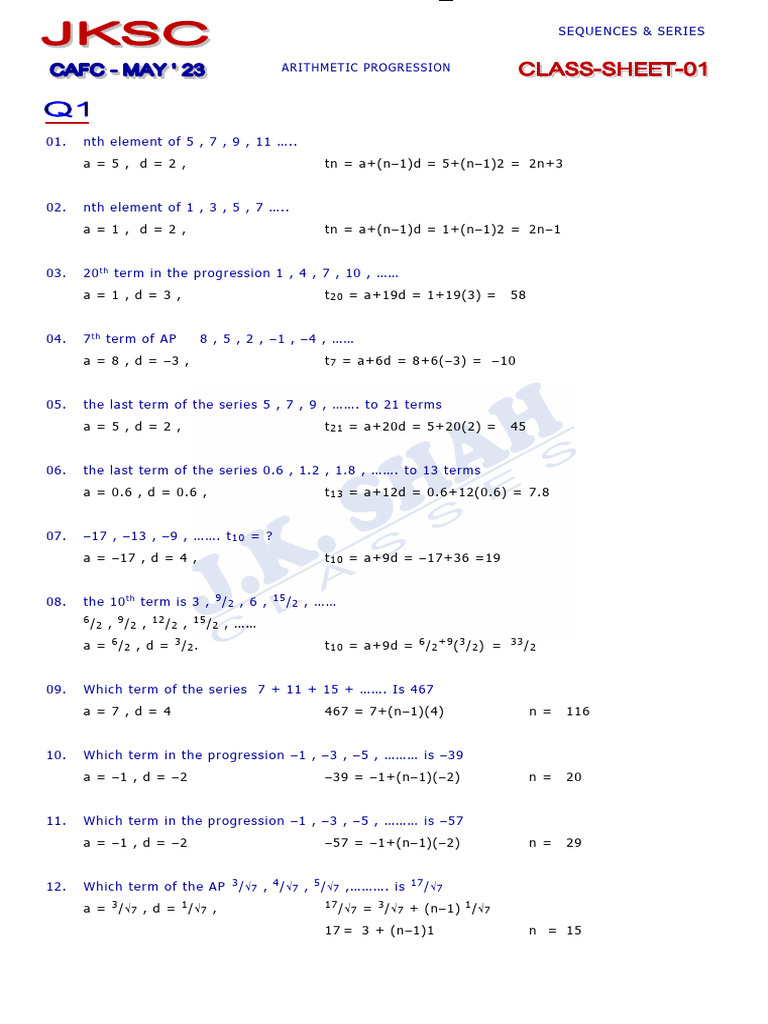 Sequences & Series - AP - Class Sheet 1-Soln | PDF | Mathematics | Elementary Mathematics