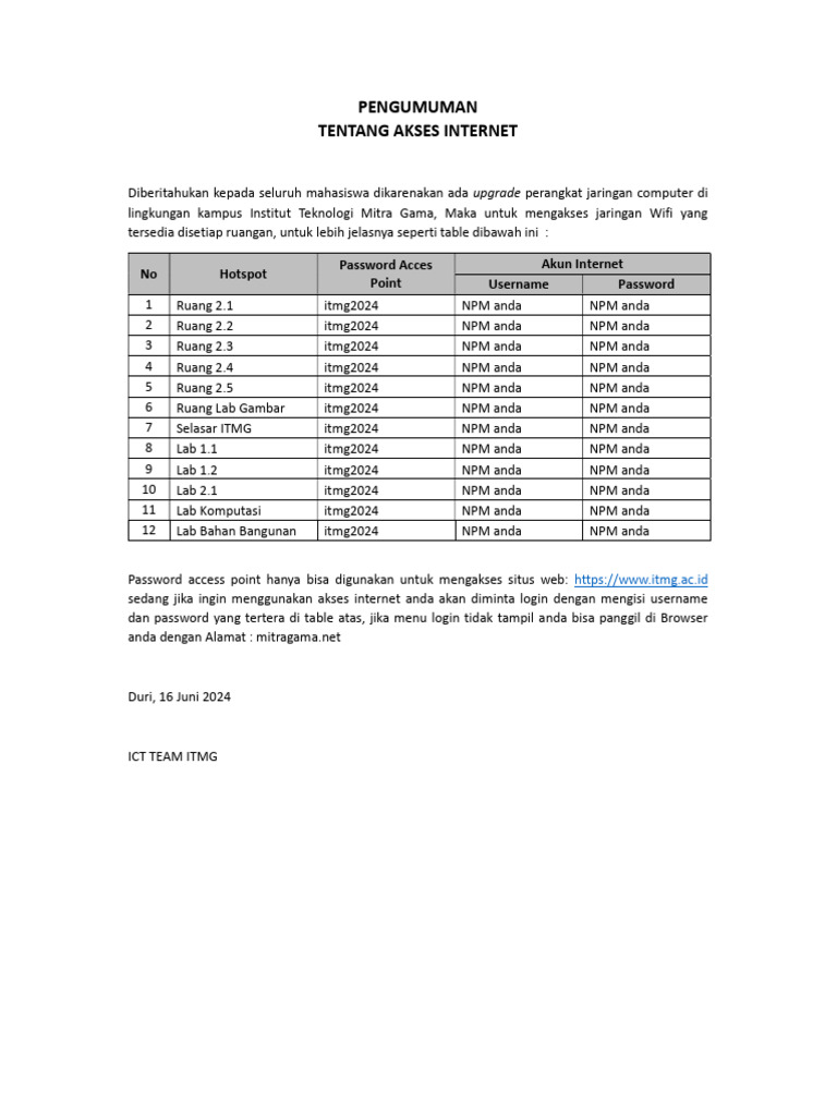 Pengumuman Akses Internet Bagi Mahasiswa ITMG | PDF