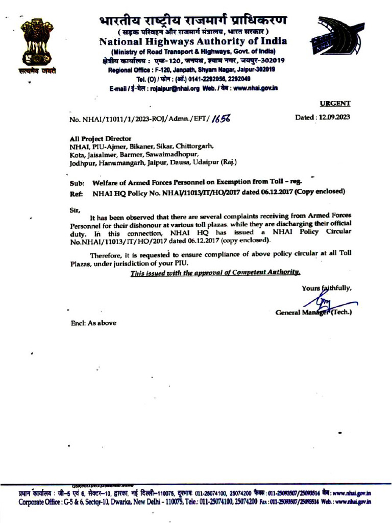 Toll Tax Exemption For Defence | PDF