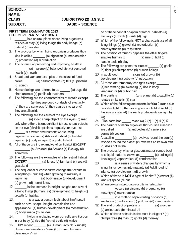 Basic Science JSS2 Exam 1ST Terms | PDF | Adolescence | Self Esteem