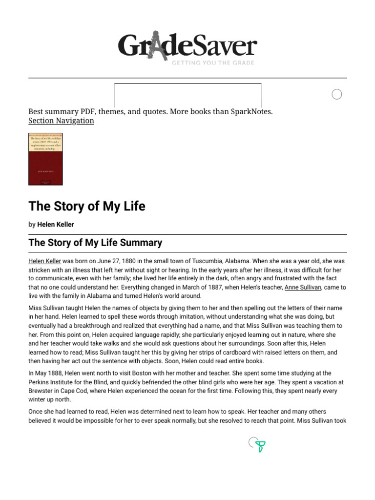 The Story of My Life Summary - GradeSaver | PDF | Helen Keller