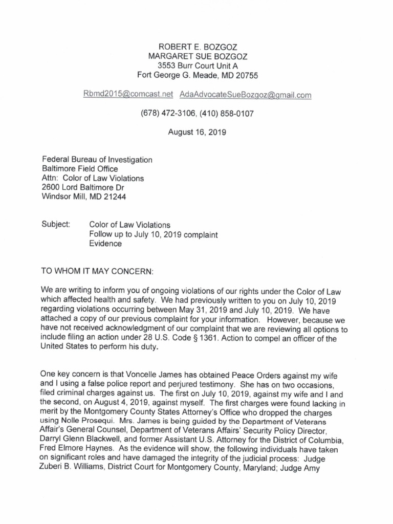 Exhibit1: FBI Complaint in Support/response To DOJ Letter Ref: OATH OF ...