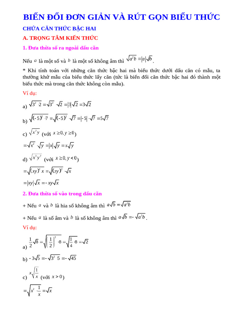 C3 - 3 Bien Doi Don Gian Va Rut Gon Bieu Thuc Chua Can Thuc Bac Hai | PDF