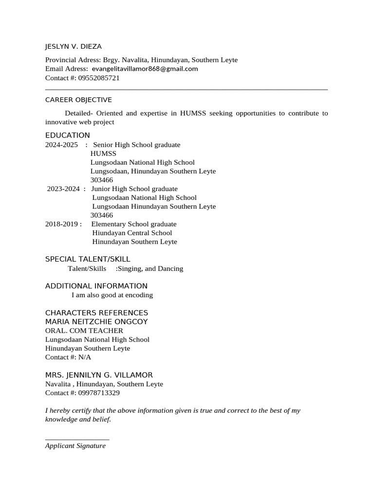 Jeslyn Dieza's Work Immersion Application | PDF | Career & Growth