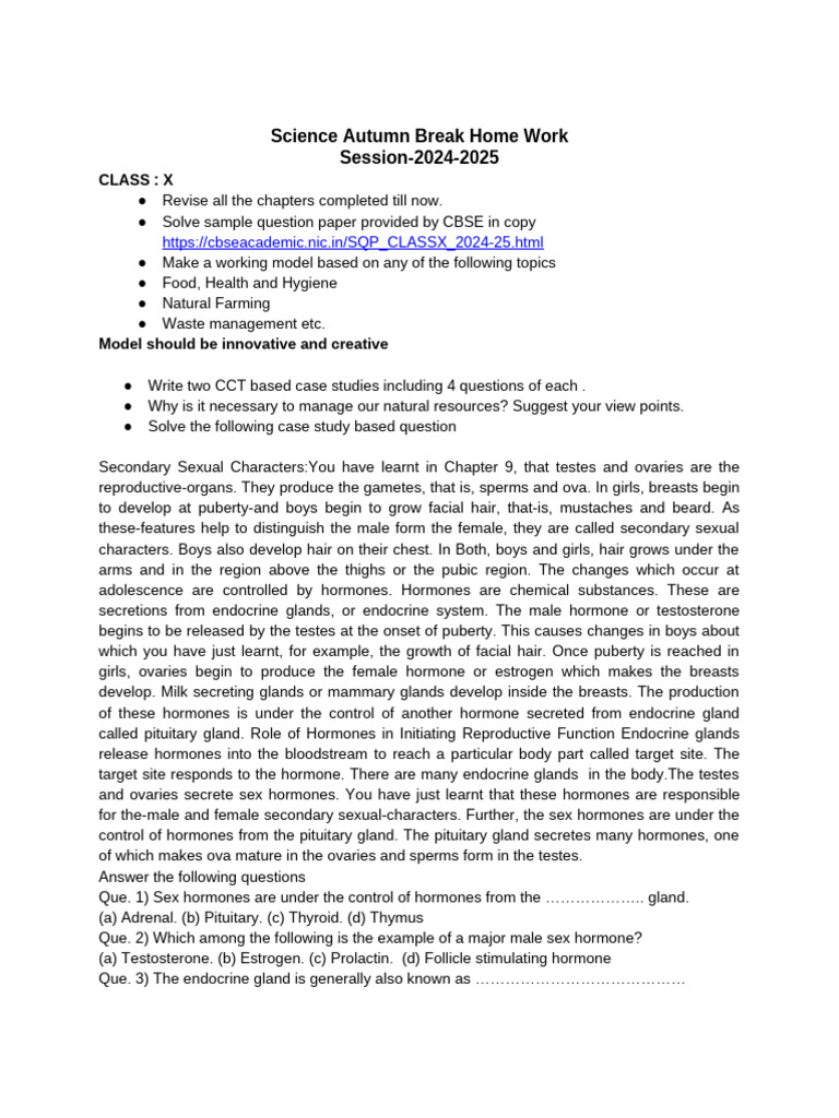 Science Class X HHW (Autumn Break) | PDF | Endocrine System | Hormone