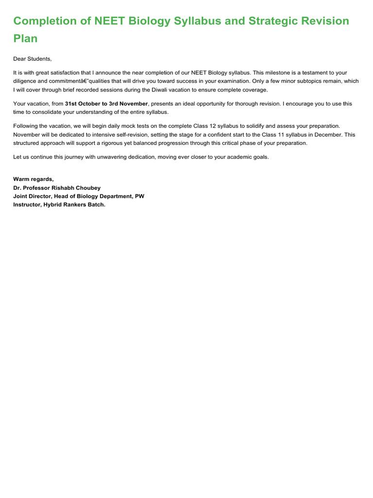 NEET Biology Syllabus Completion and Revision Plan | PDF | Self-Improvement