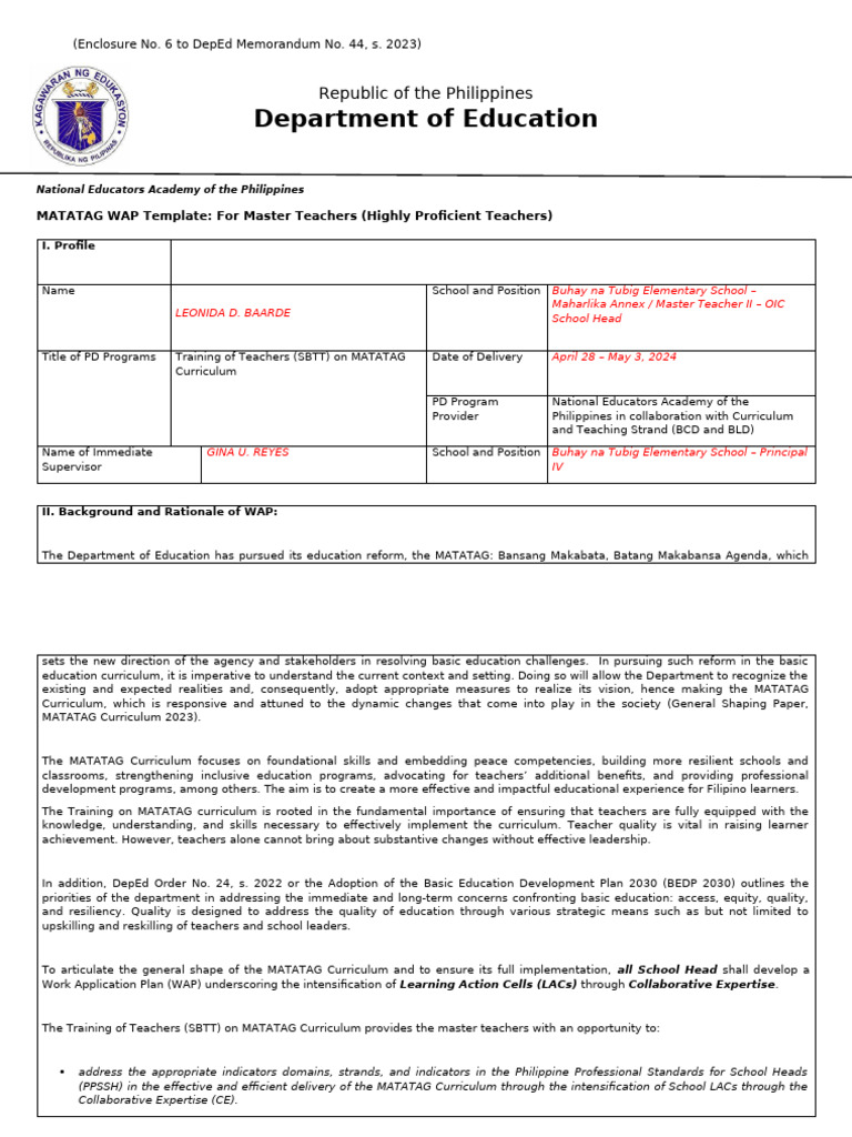 Sample MATATAG WAP For Master Teachers | PDF | Educational Assessment ...