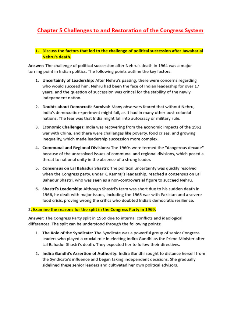 Challenges and Restoration of Congress System | PDF | Jawaharlal Nehru