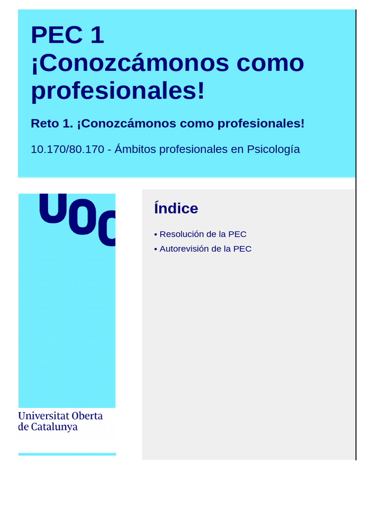 Plantilla - Entrega - PEC1 - ¡Conozcámonos Como Profesionales! | PDF | Sicología | Psicoterapia