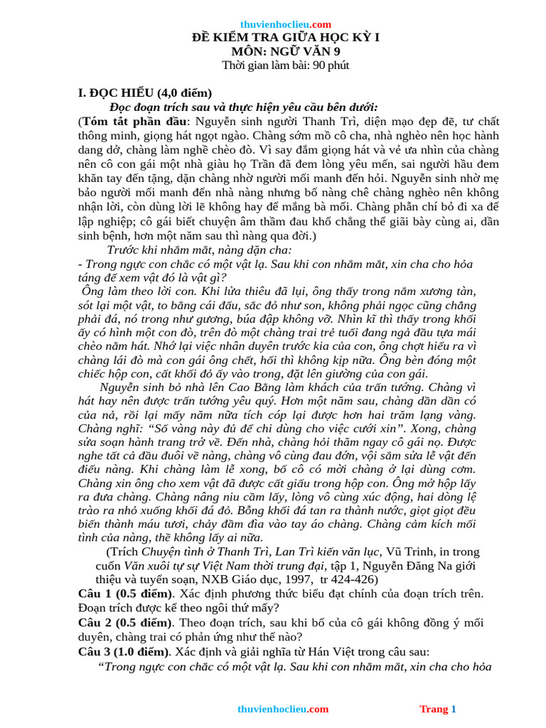 De Kiem Tra Giua HK1 Ngu Van 9 | PDF