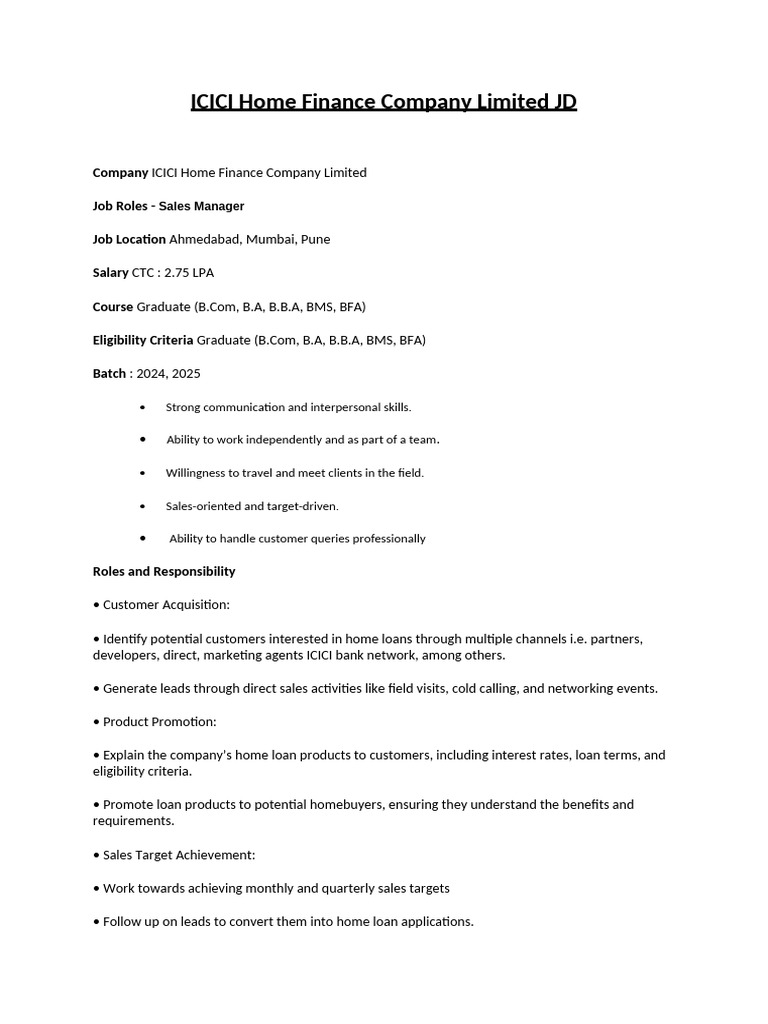 ICICI Home Finance Company Limited JD | PDF