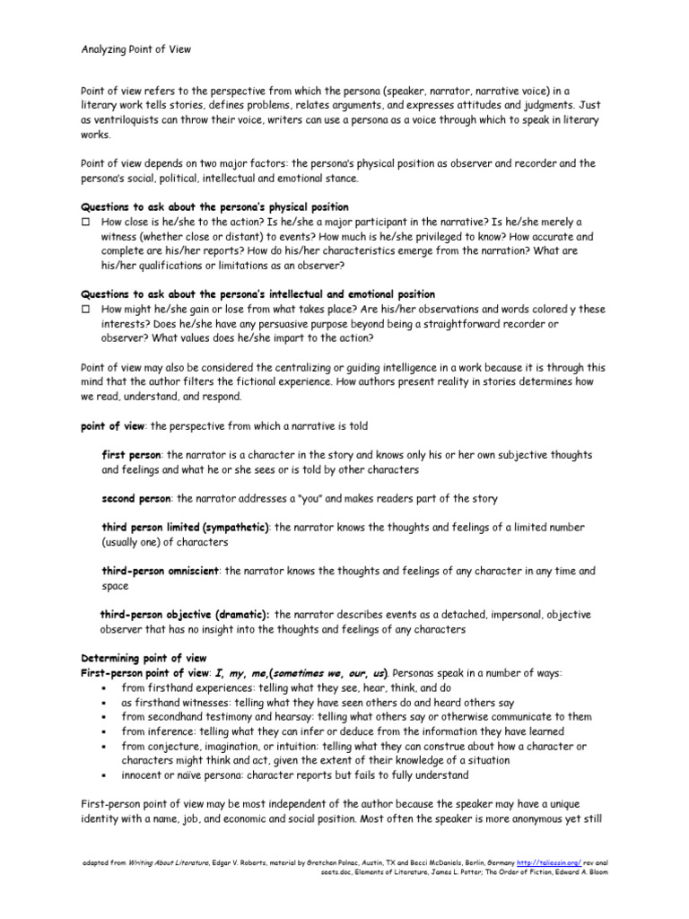 Worksheet On Points of View | PDF | Narration | Thought