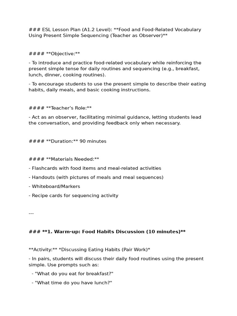 ESL Adults Lesson Plan Food | PDF | Plural | Meal