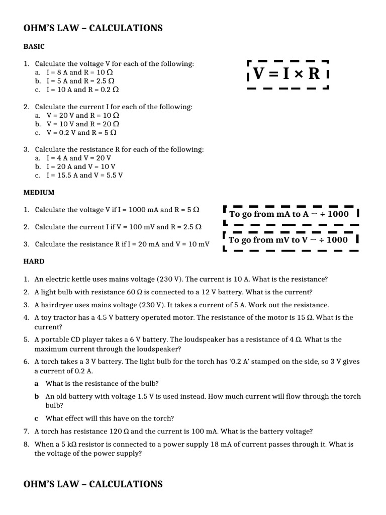 Ohms Law Worksheet | PDF | Electrical Resistance And Conductance ...